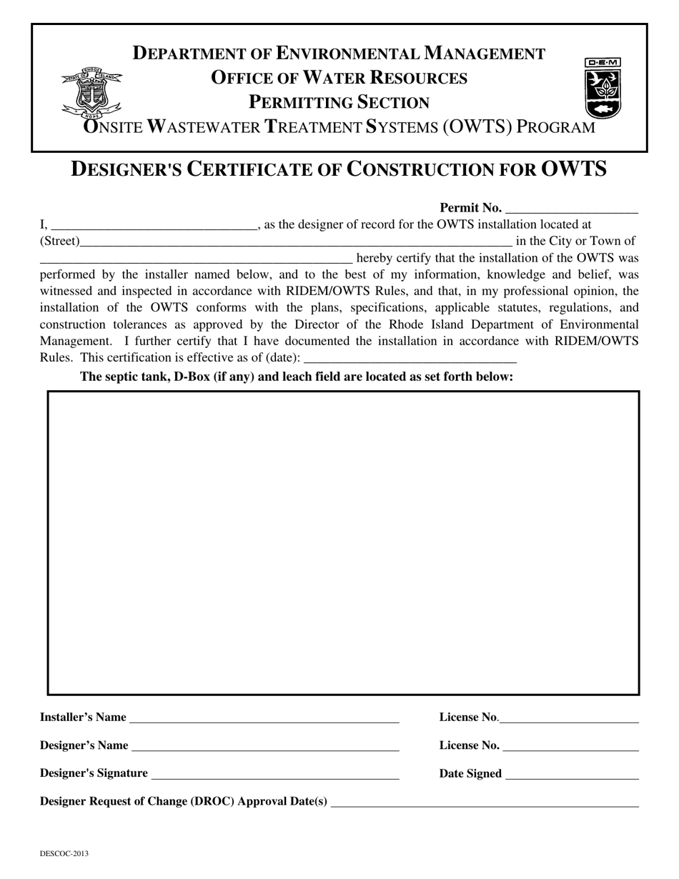Rhode Island Designer's Certificate of Construction for Owts - Fill Out ...