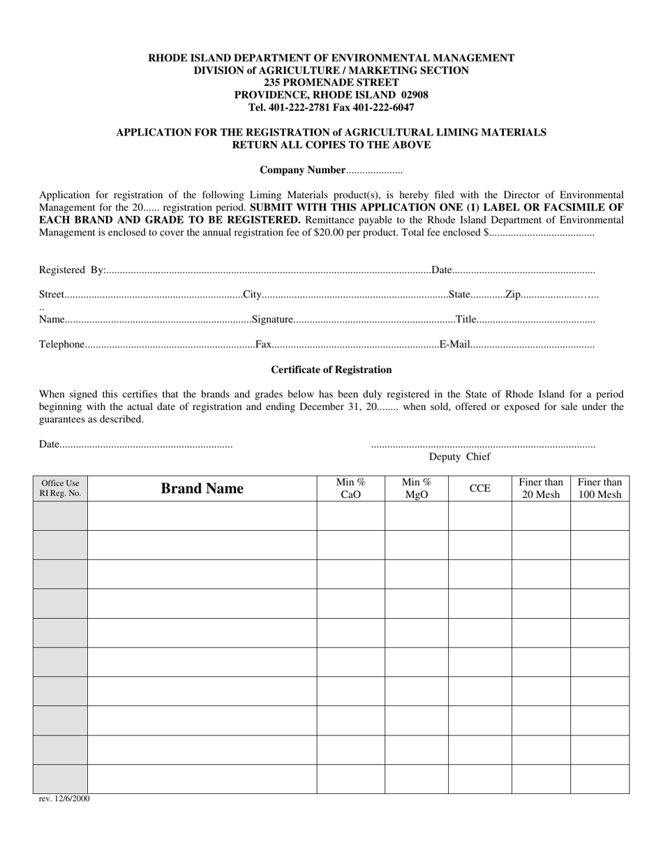 Rhode Island Application for the Registration of Agricultural Liming ...
