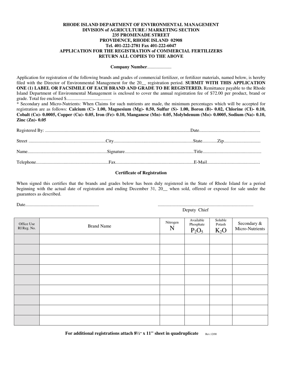 Rhode Island Application for the Registration of Commercial Fertilizers ...