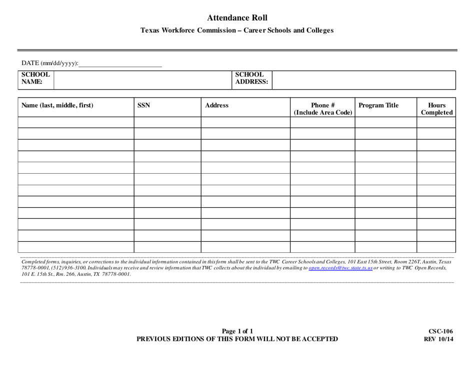 Form CSC-106 - Fill Out, Sign Online and Download Fillable PDF, Texas ...
