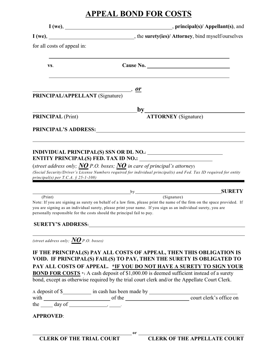 Tennessee Appeal Bond for Costs - Fill Out, Sign Online and Download PDF | Templateroller