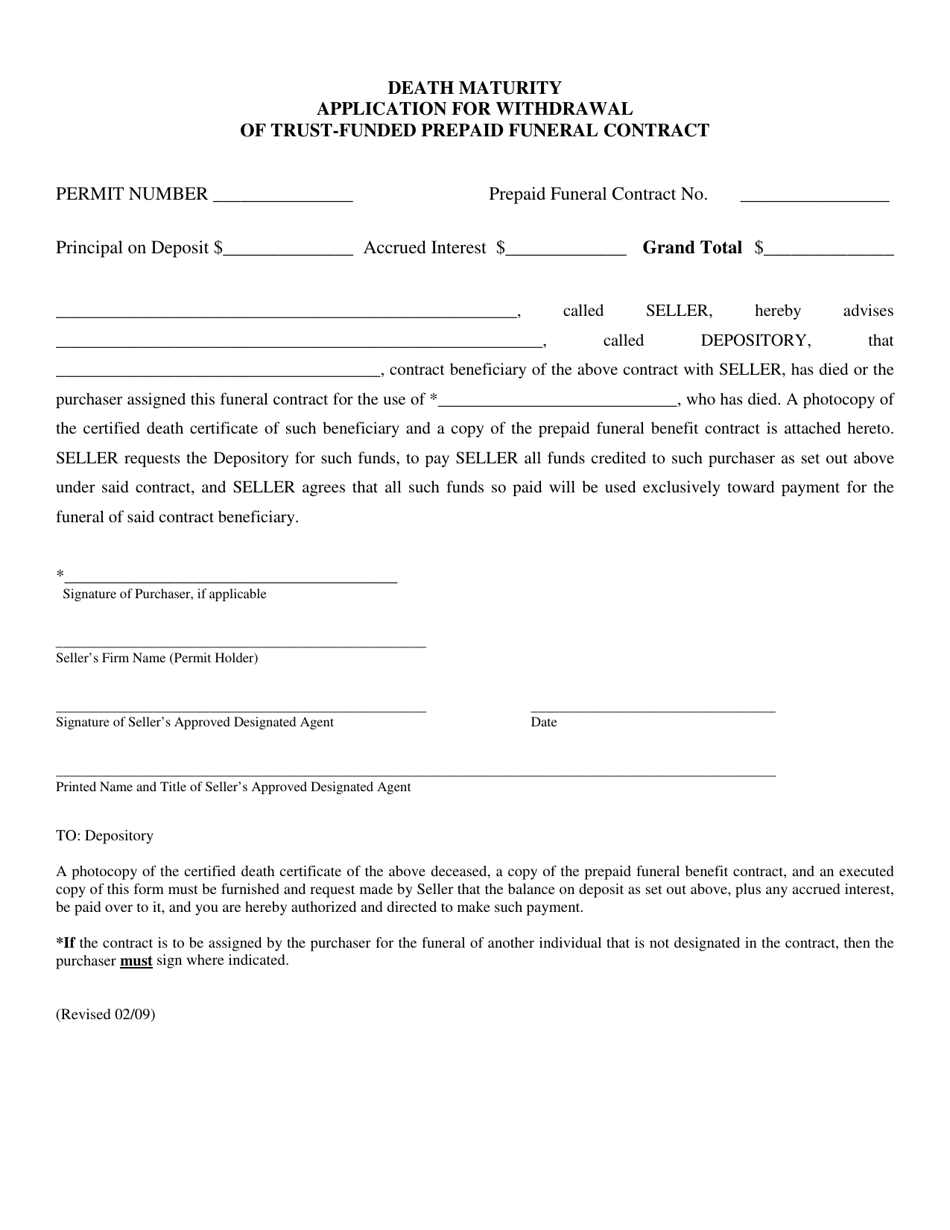 Texas Death Maturity Application for Withdrawal of Trust-Funded Prepaid Funeral Contract - Fill ...