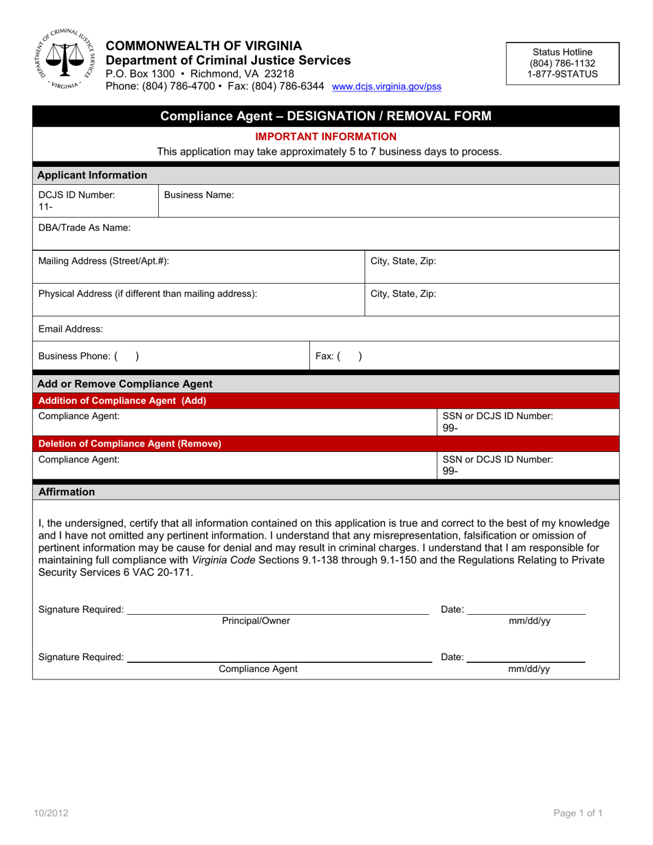 Virginia Compliance Agent - Designation/Removal Form - Fill Out, Sign ...