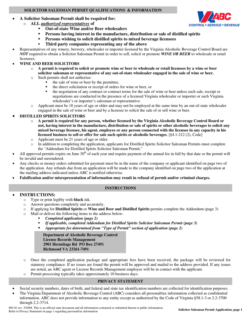 Form 805-81 Download Printable PDF or Fill Online Application for ...