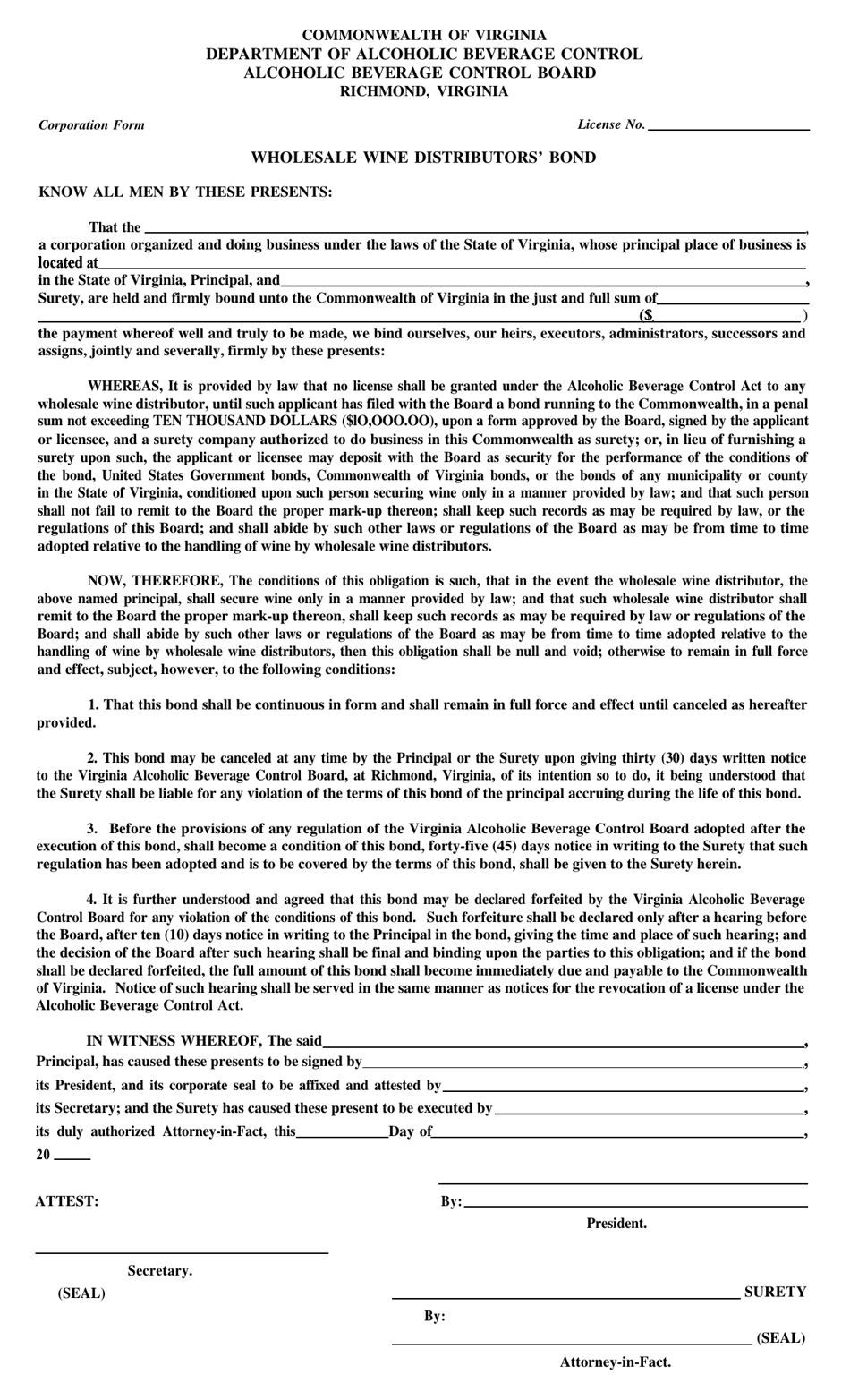 Virginia Wholesale Wine Distributors' Bond - Corporation Form - Fill ...