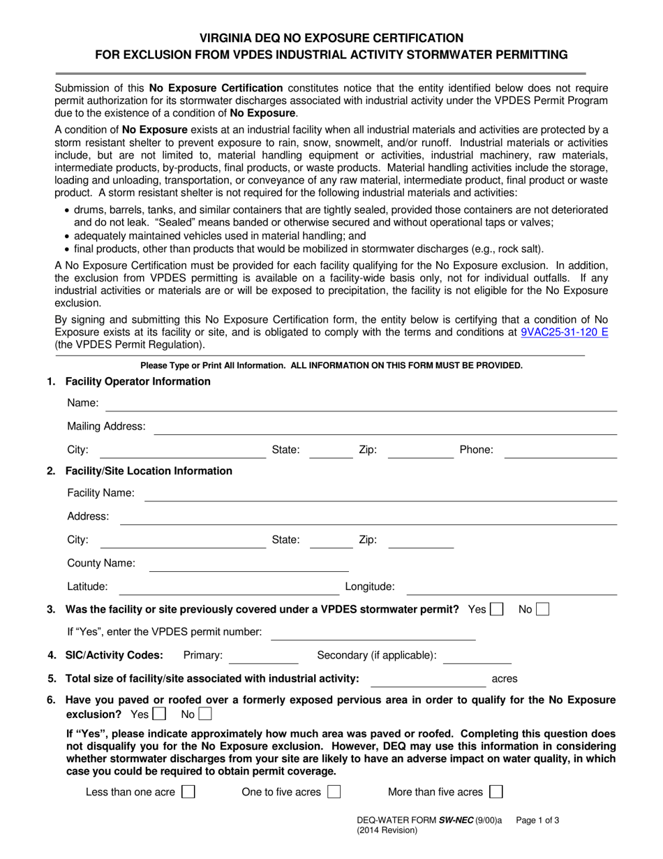 DEQ-WATER Form SW-NEC - Fill Out, Sign Online and Download Fillable PDF ...