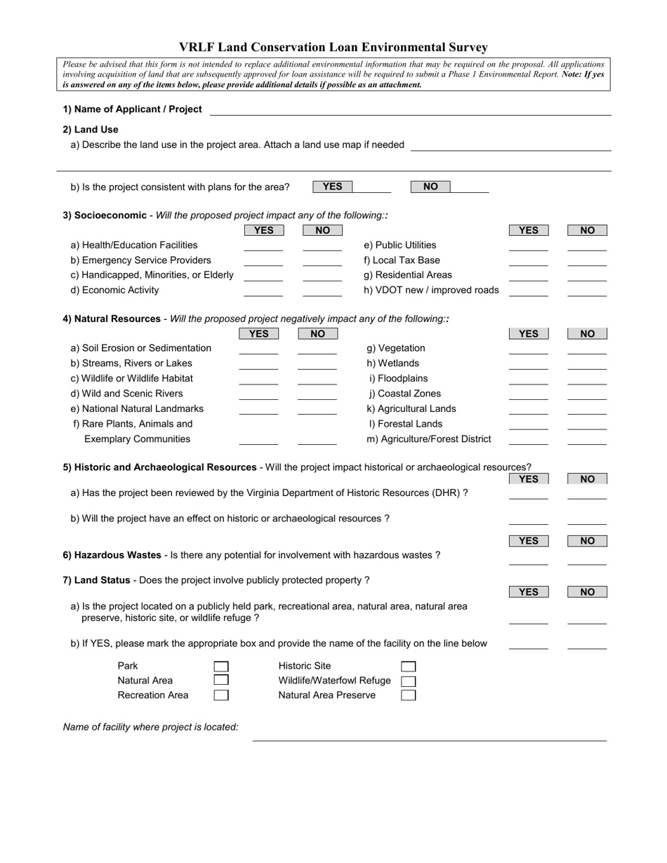 Virginia Vrlf Land Conservation Loan Environmental Survey Form - Fill ...
