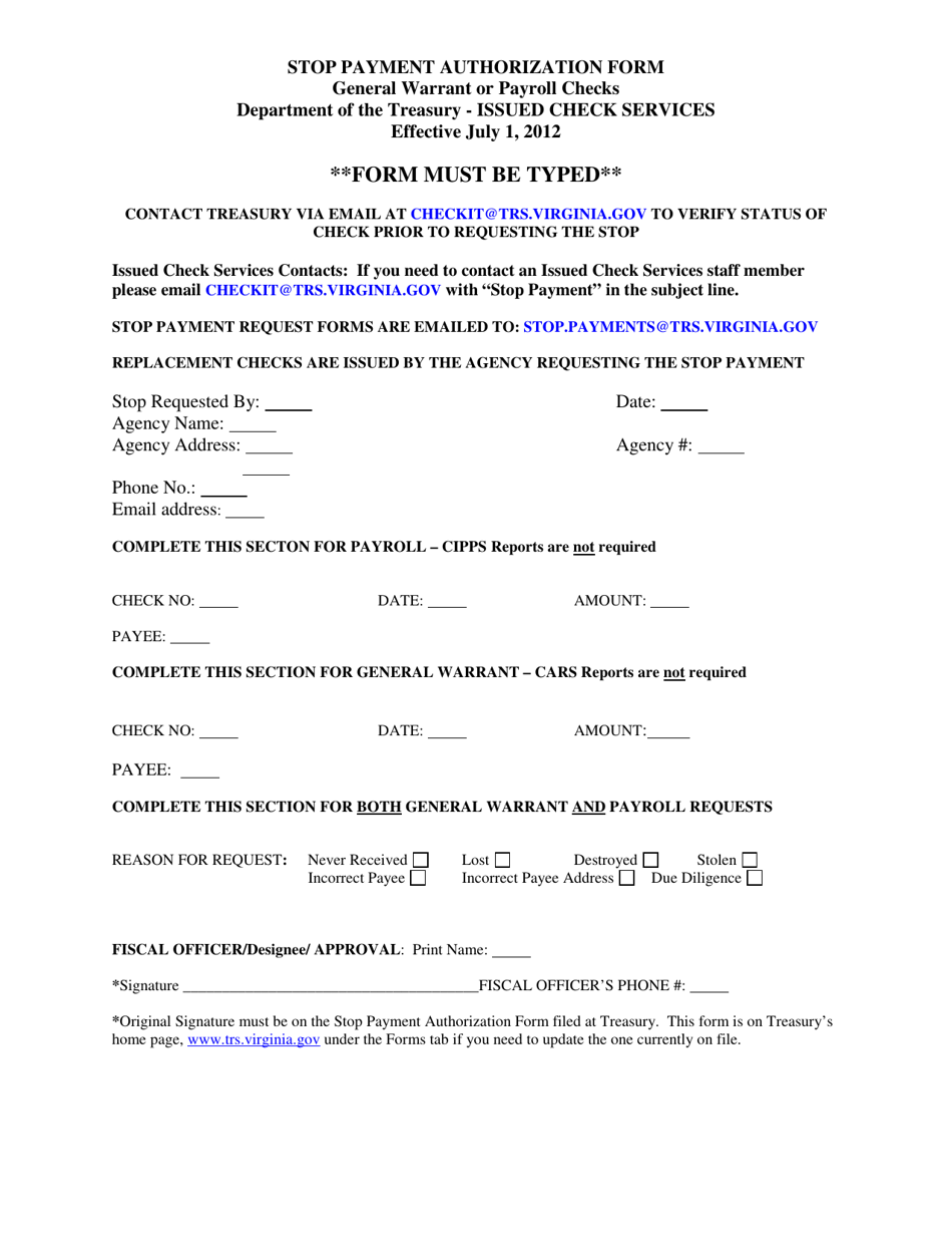 Virginia Stop Payment Request Form - Fill Out, Sign Online and Download ...