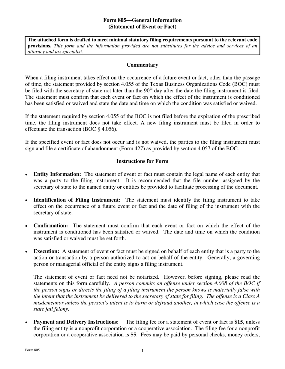 Form 805 - Fill Out, Sign Online and Download Fillable PDF, Texas ...