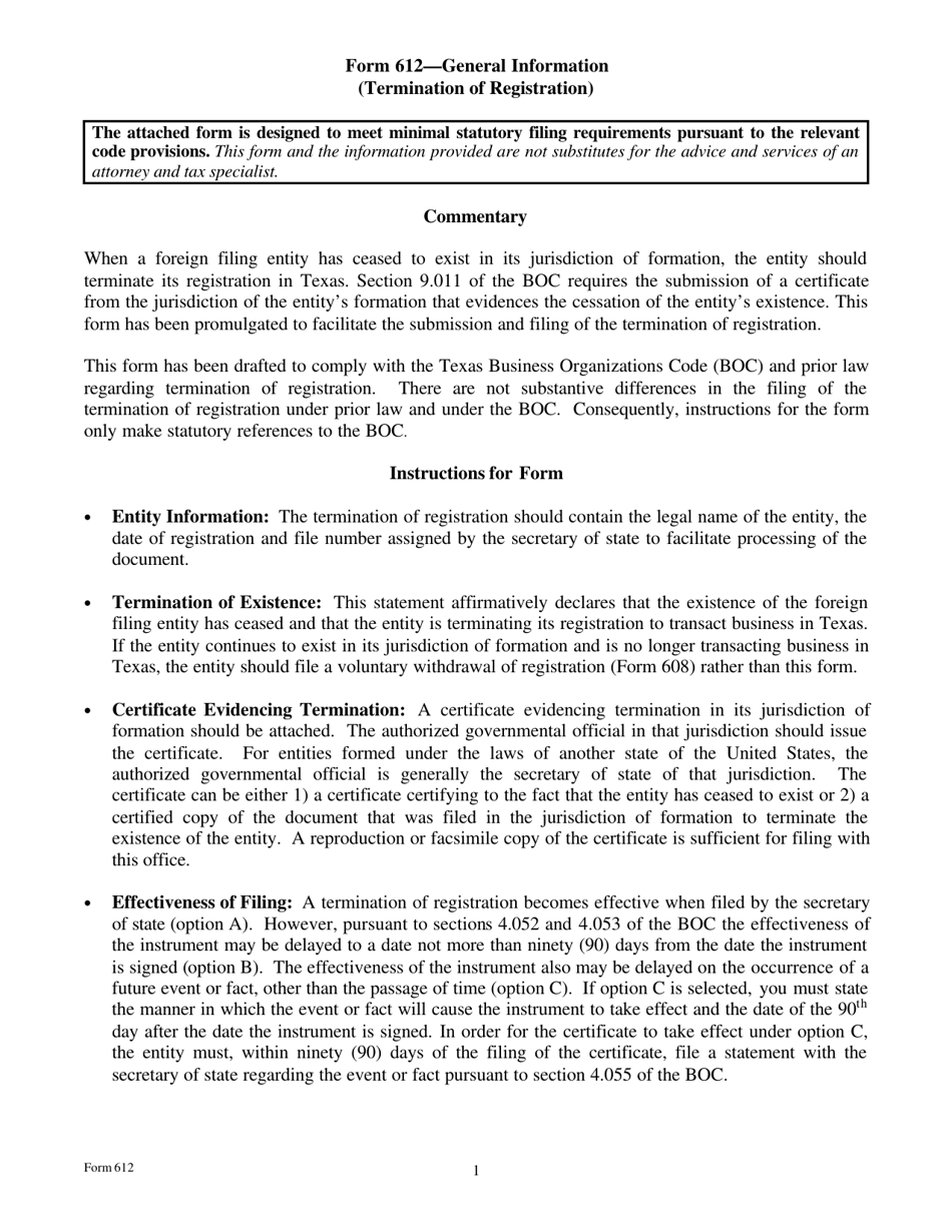 Form 612 - Fill Out, Sign Online and Download Fillable PDF, Texas ...