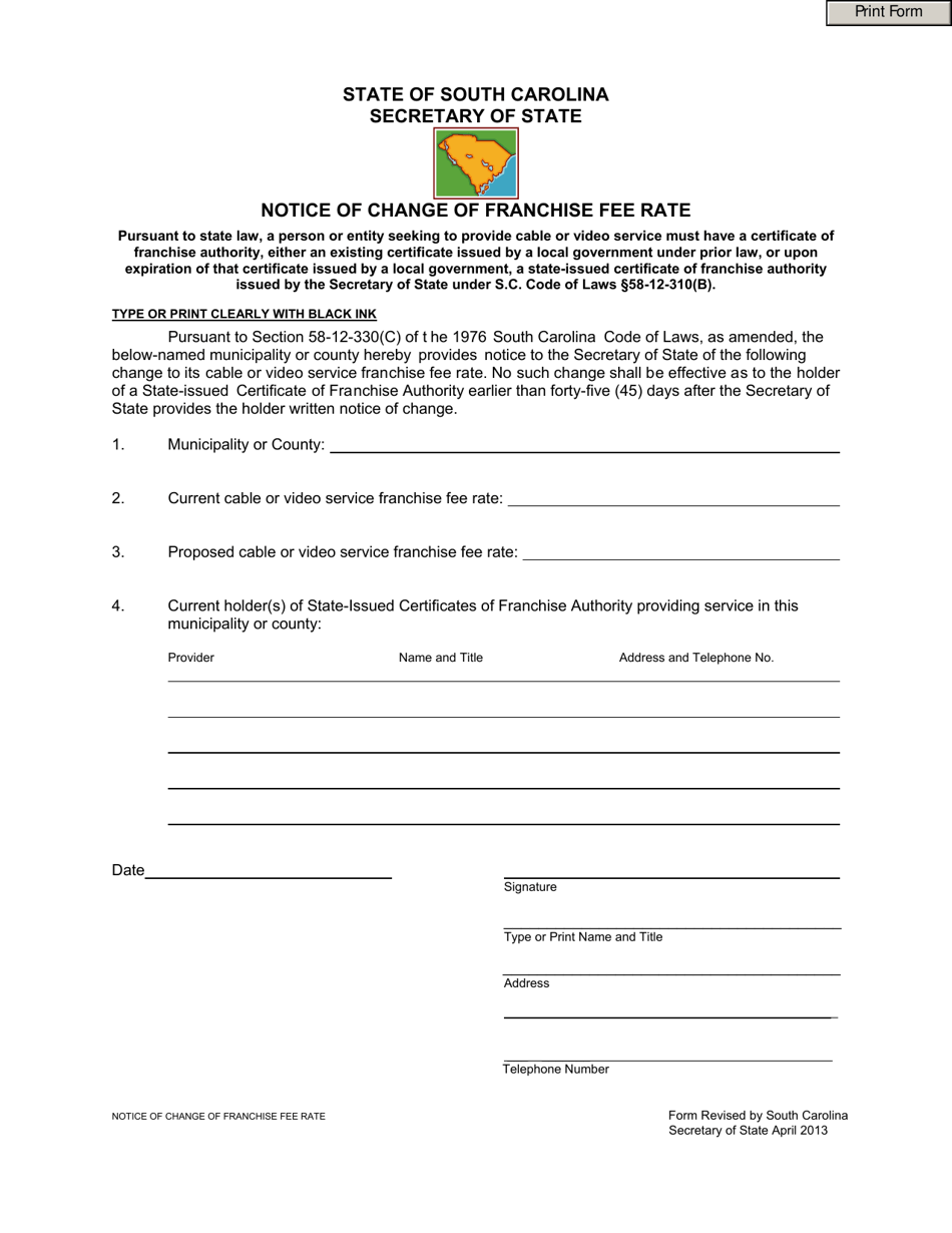 South Carolina Notice of Change of Franchise Fee Rate - Fill Out, Sign ...
