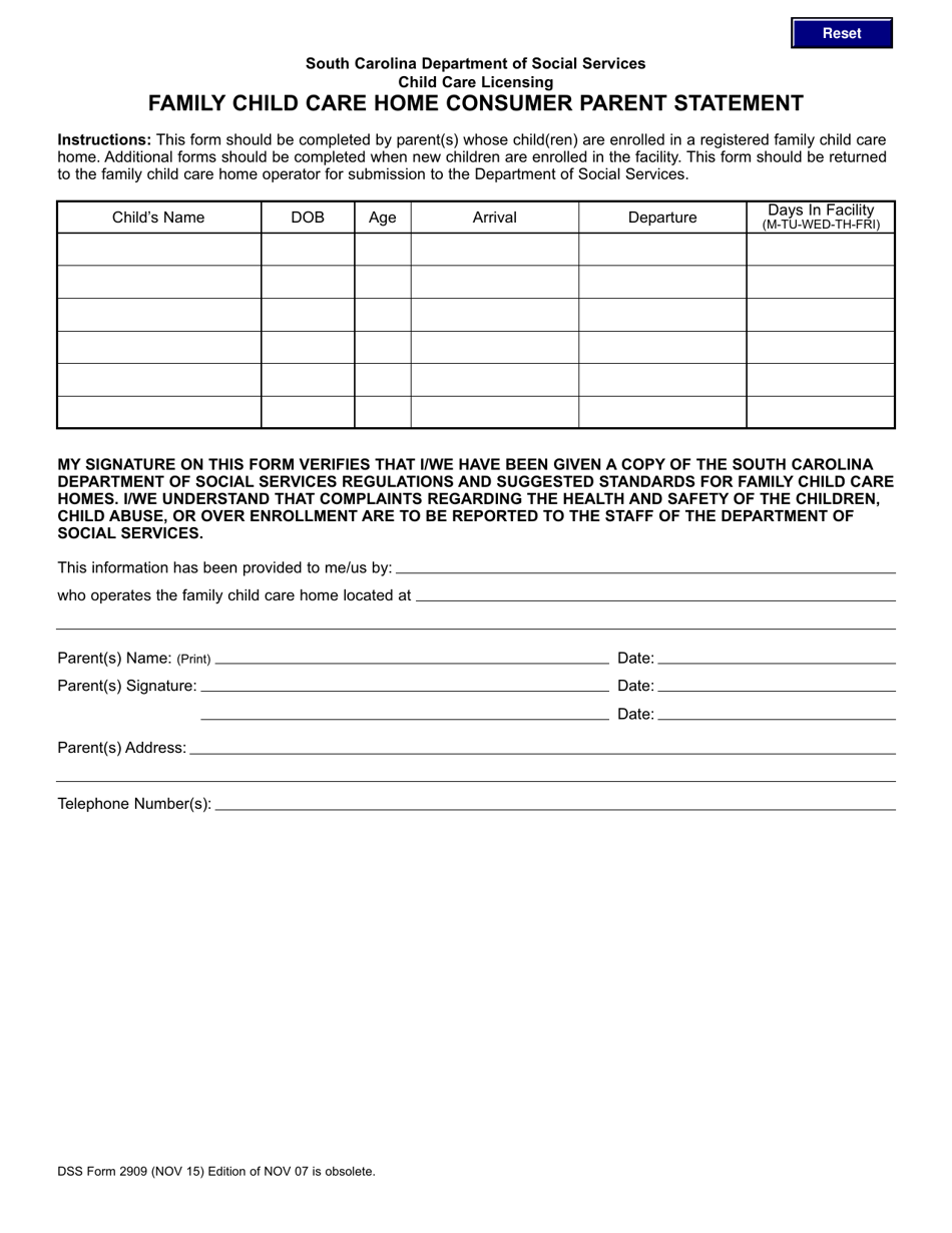 DSS Form 2909 - Fill Out, Sign Online and Download Fillable PDF, South ...