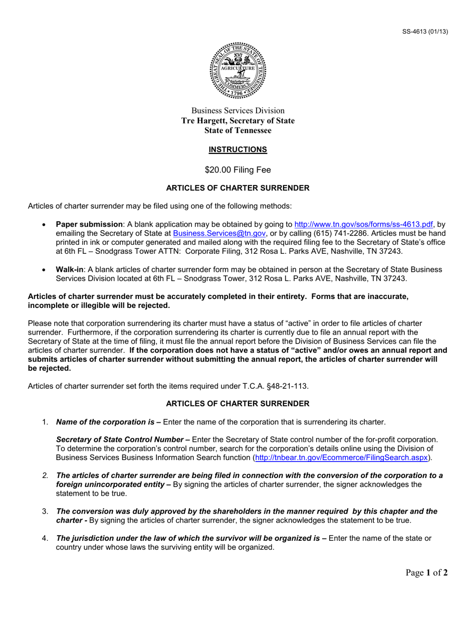 Form SS-4613 Download Fillable PDF or Fill Online Articles of Charter ...