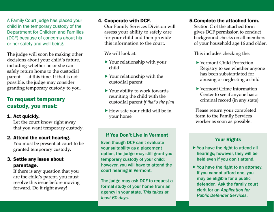 Vermont Form for Non-custodial Parents: Information About a Child in ...