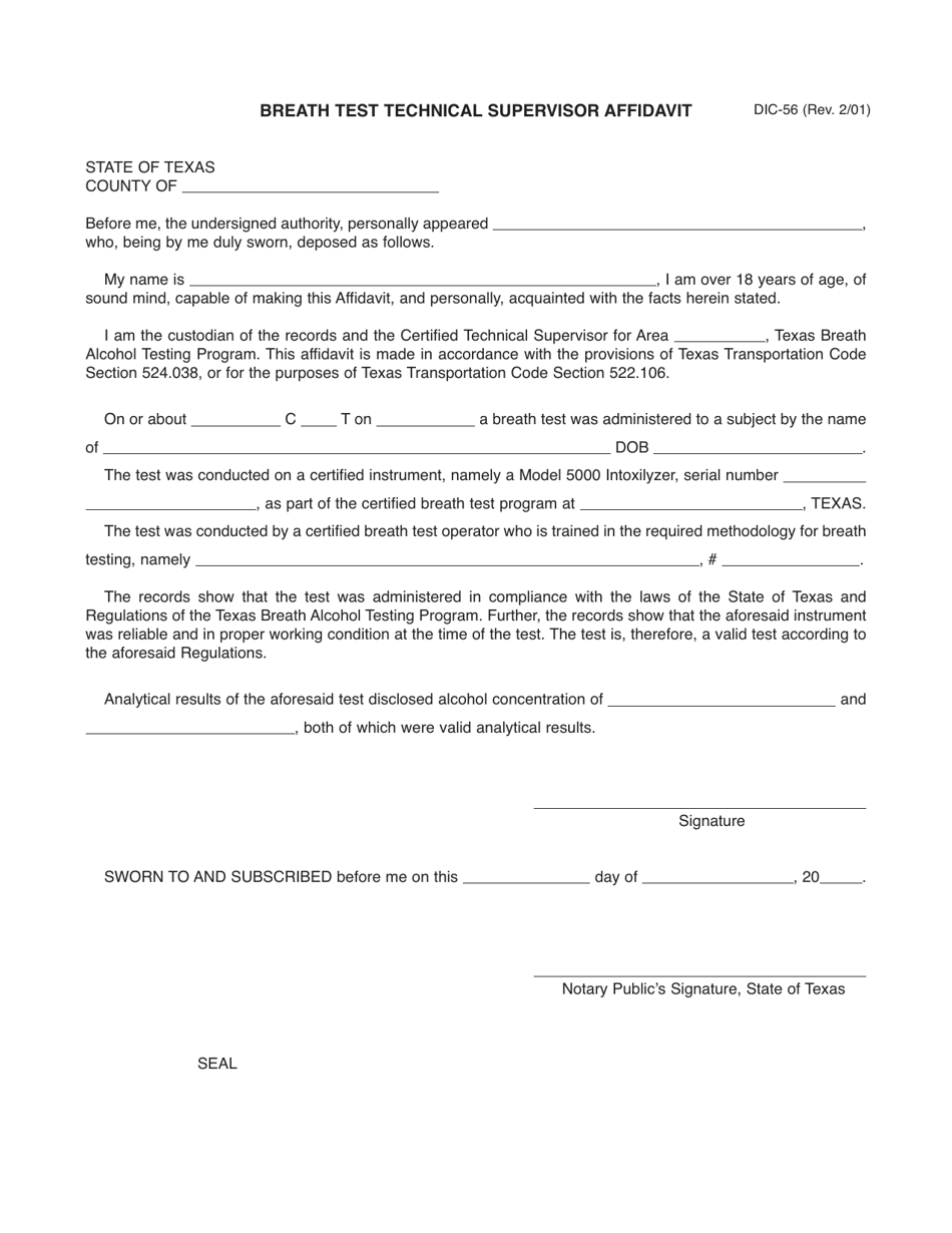 Form DIC-56 - Fill Out, Sign Online and Download Printable PDF, Texas ...