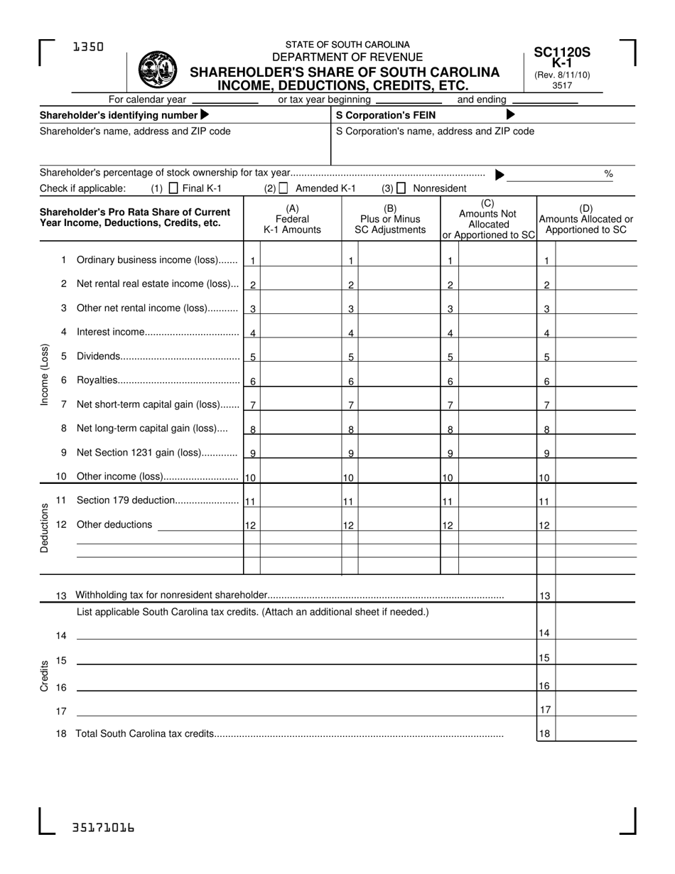 Form SC1120S K-1 Download Printable PDF or Fill Online Shareholder's ...