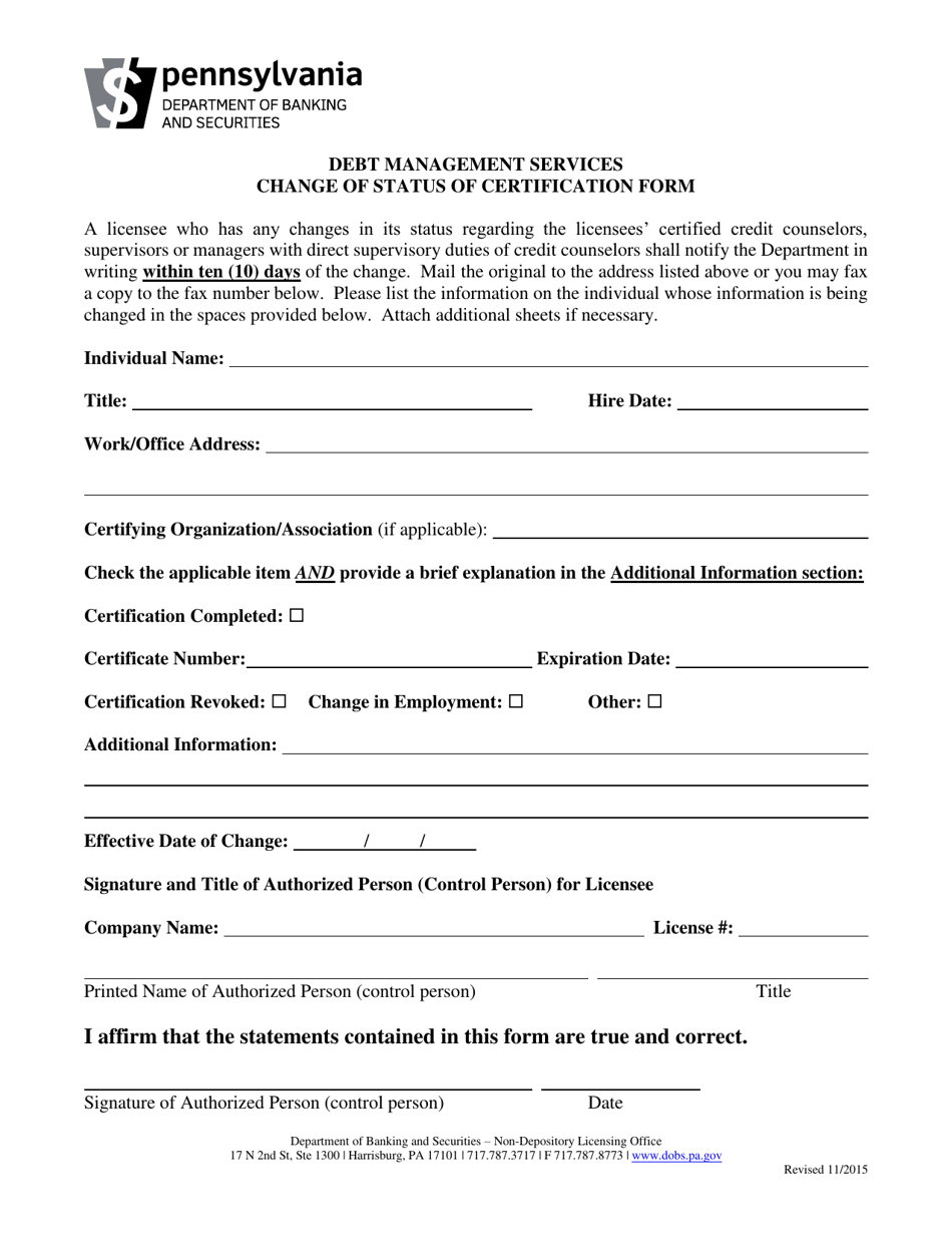 Pennsylvania Change of Status of Certification Form - Fill Out, Sign ...