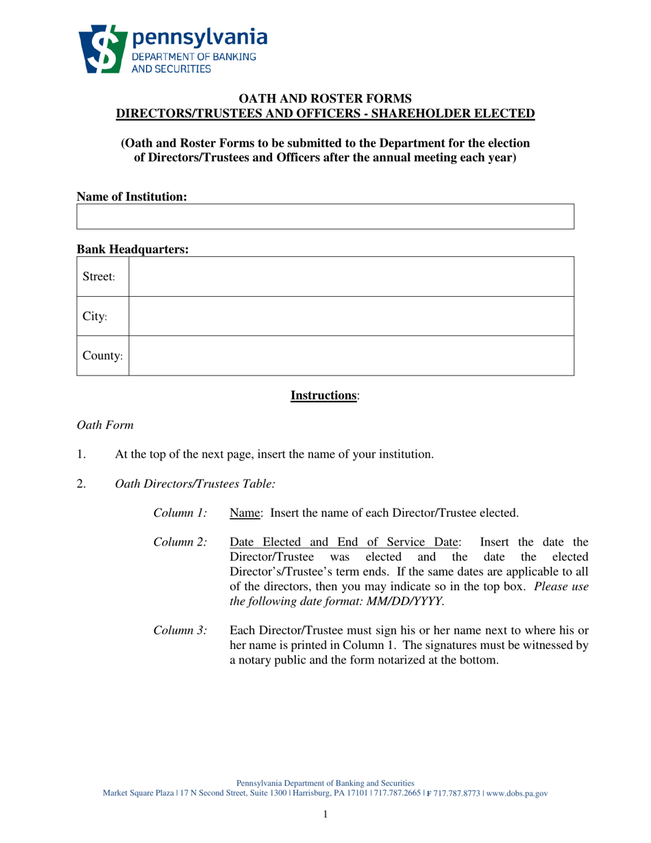 Pennsylvania Oath and Roster Forms - Directors/Trustees and Officers ...