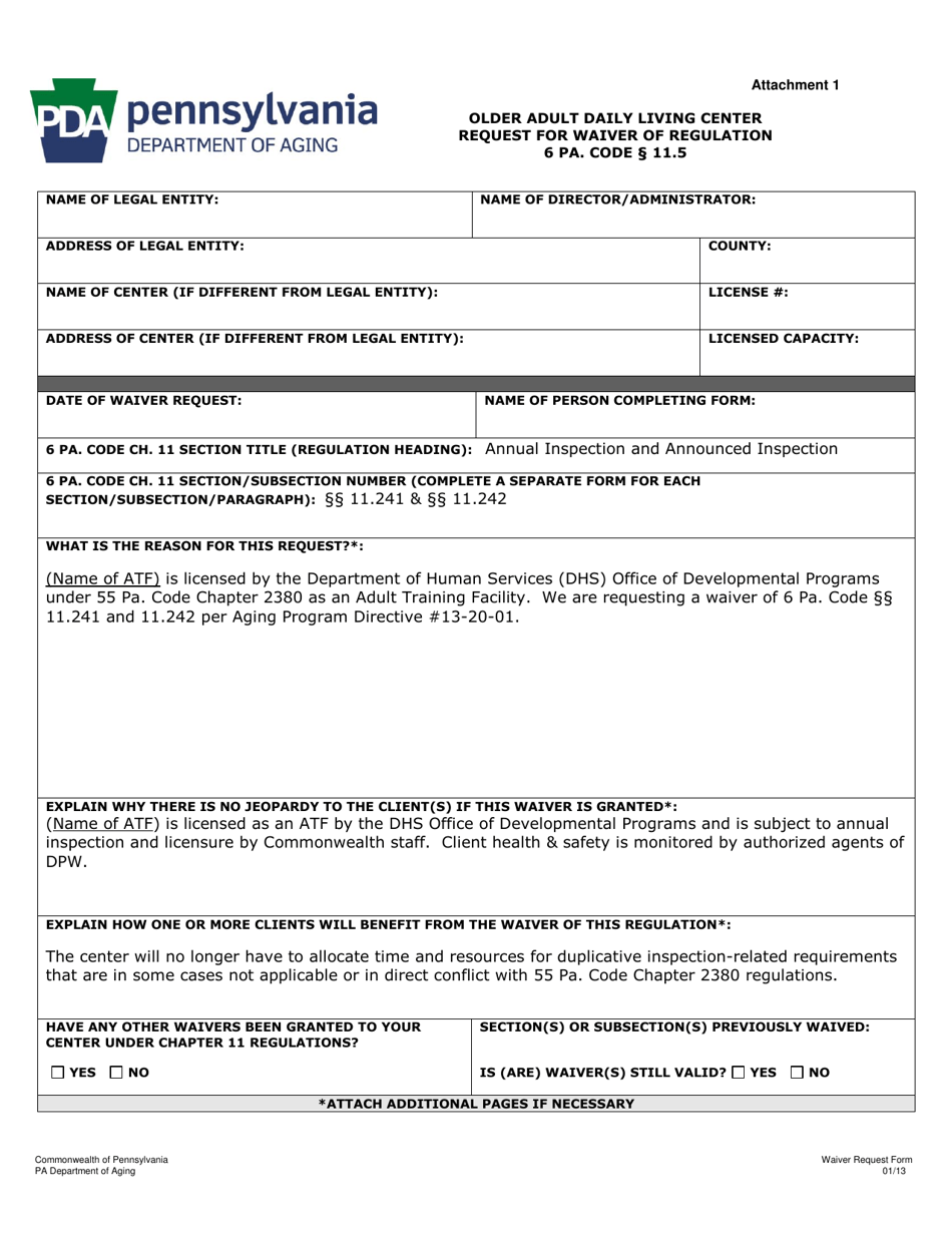 Pennsylvania Older Adult Daily Living Center Request for Waiver of ...
