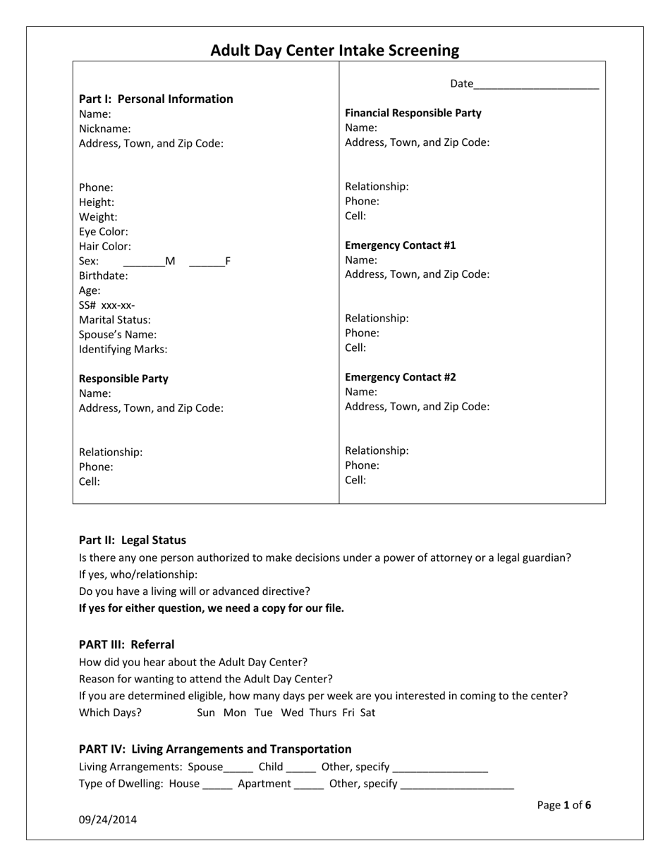 Pennsylvania Adult Day Center Intake Screening Form - Fill Out, Sign ...