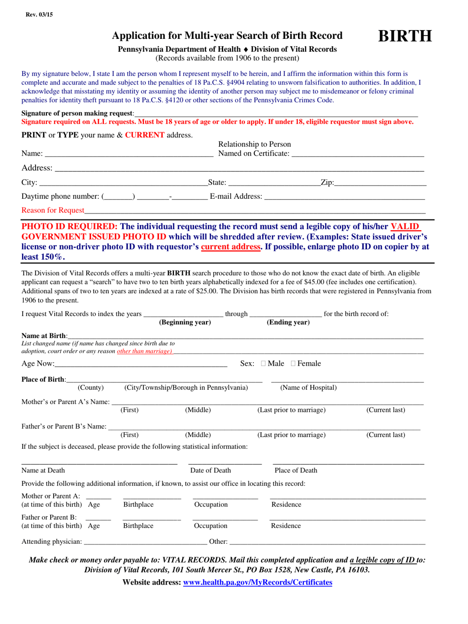 Pennsylvania Application for Multi-Year Search of Birth Record - Fill ...