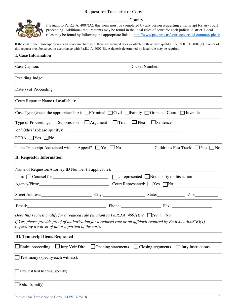 Pennsylvania Request for Transcript or Copy - Fill Out, Sign Online and ...
