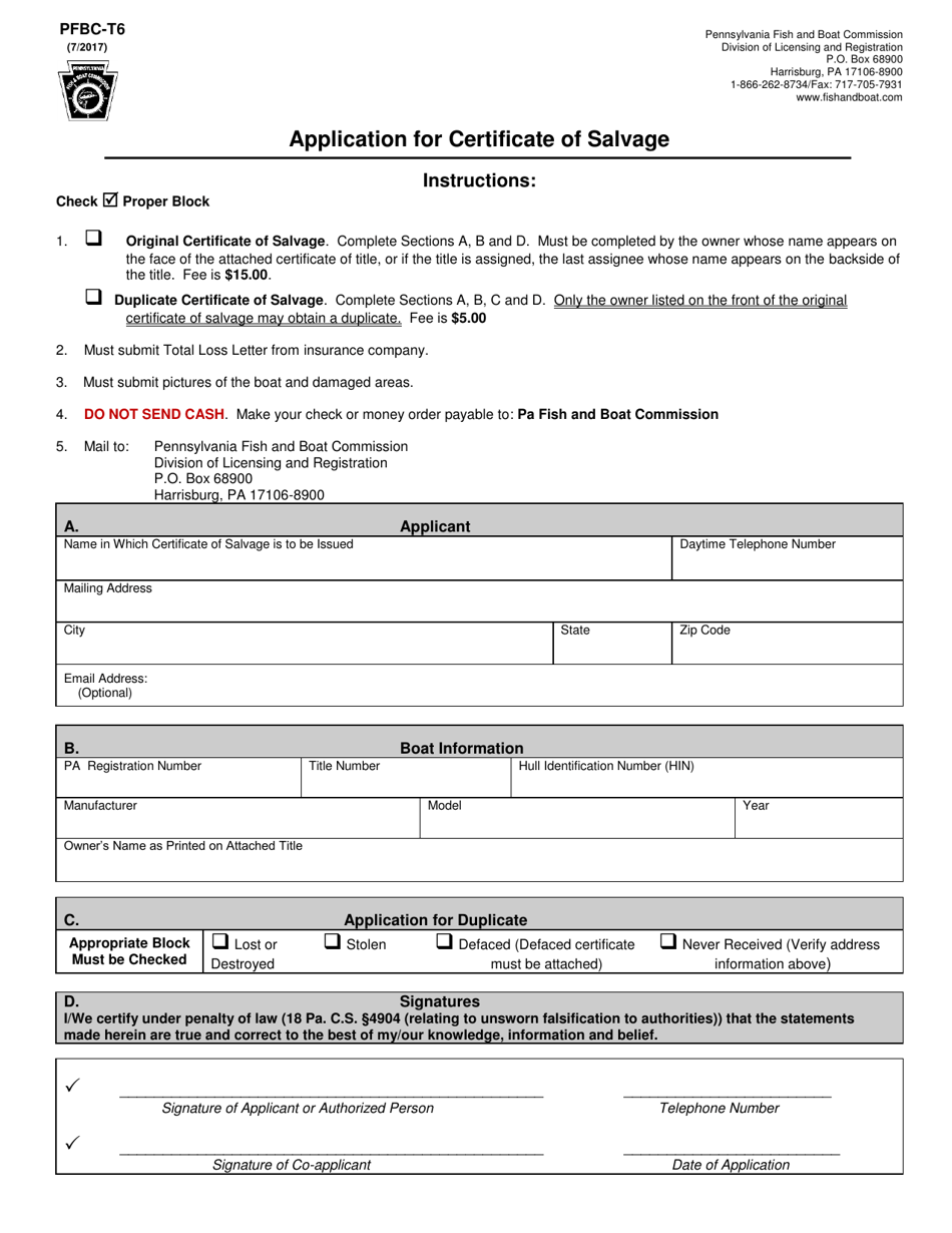 Form PFBC-T6 Download Printable PDF or Fill Online Application for ...