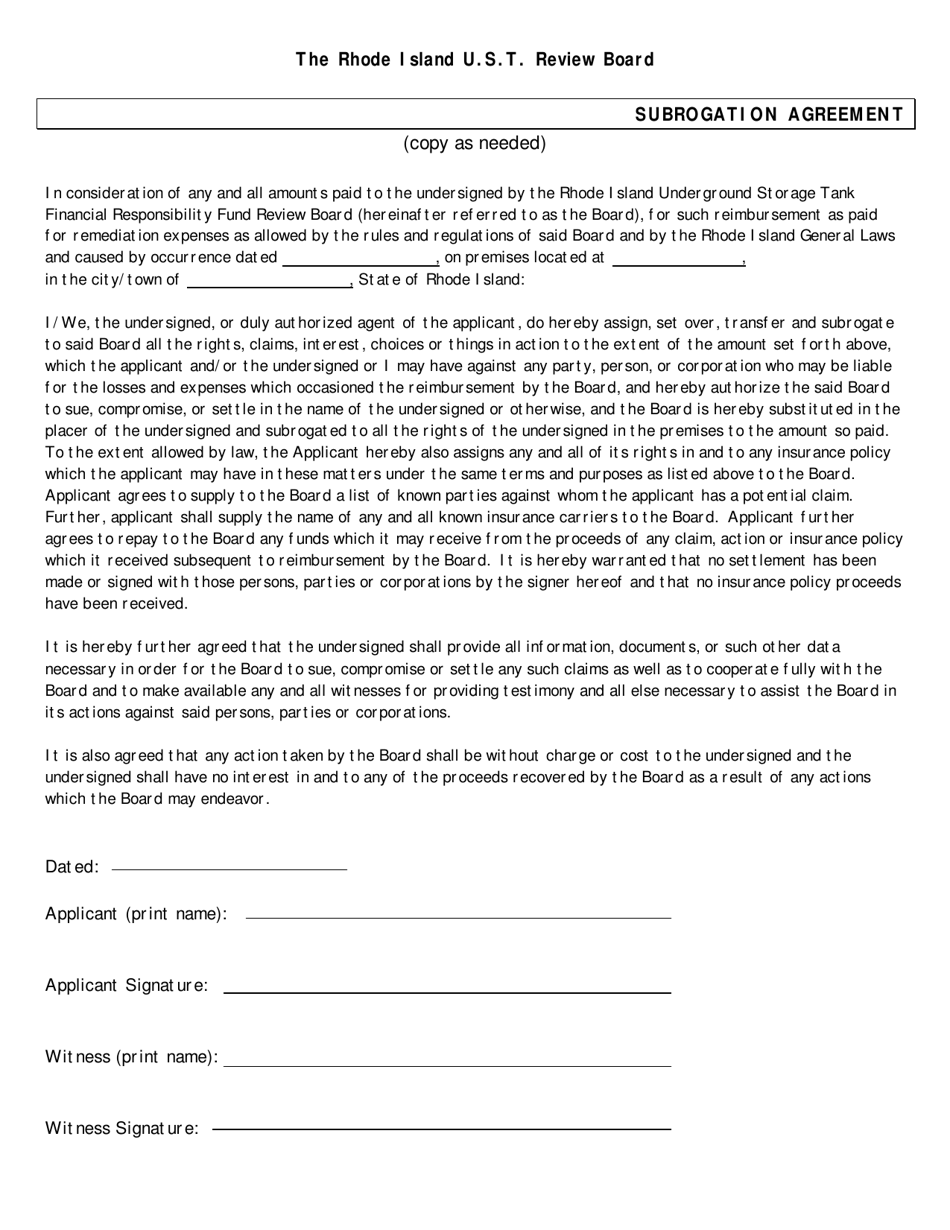 Rhode Island Subrogation Agreement - Fill Out, Sign Online and Download ...
