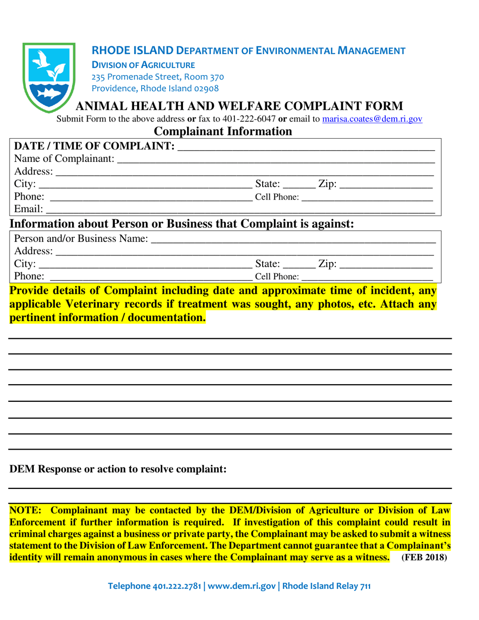 Rhode Island Animal Health and Welfare Complaint Form - Fill Out, Sign ...