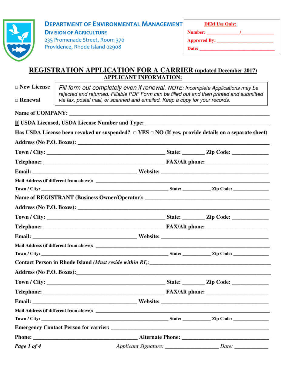 Rhode Island Registration Application for a Carrier - Fill Out, Sign ...