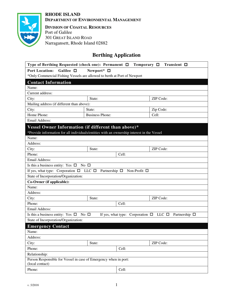 Rhode Island Berthing Application - Fill Out, Sign Online and Download ...
