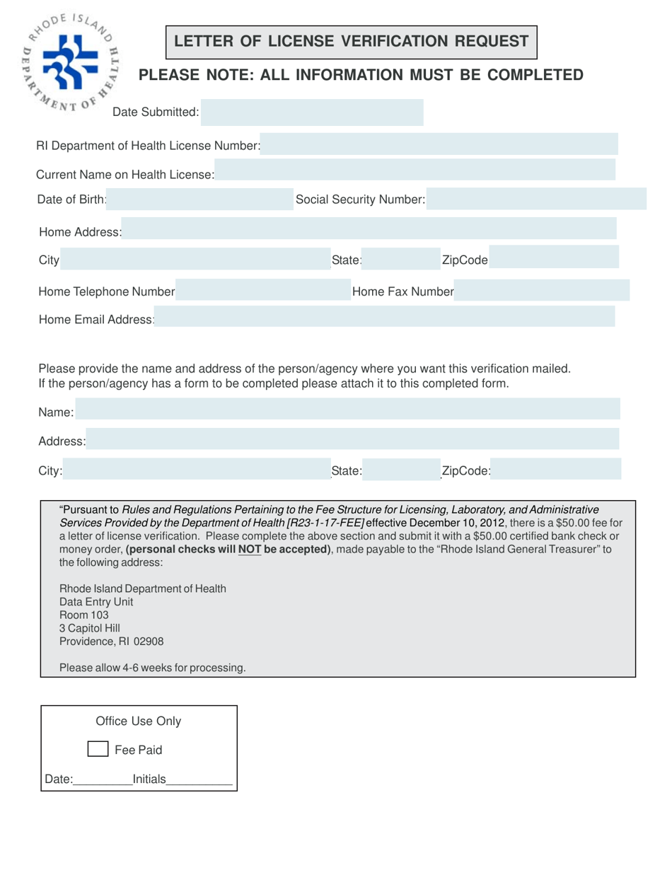 Rhode Island Letter of License Verification Request - Fill Out, Sign ...