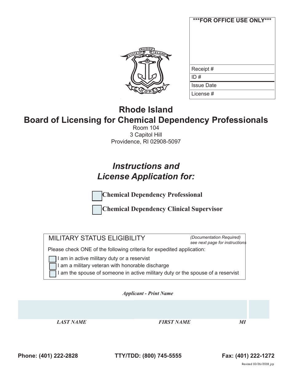 Rhode Island Application for Chemical Dependency Professional/Chemical ...