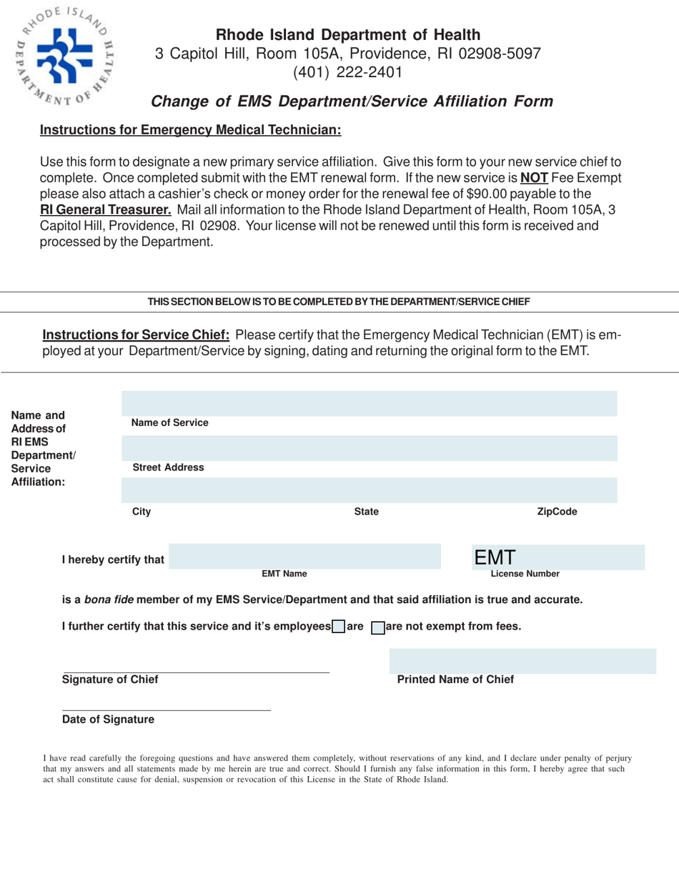 Rhode Island Change of EMS Department/Service Affiliation Form - Fill ...