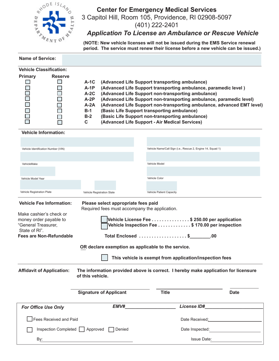 Rhode Island Application to License an Ambulance or Rescue Vehicle ...