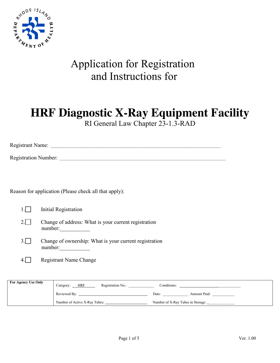 Rhode Island Application for Registration for Hrf Diagnostic X-Ray Equipment Facility - Fill Out ...