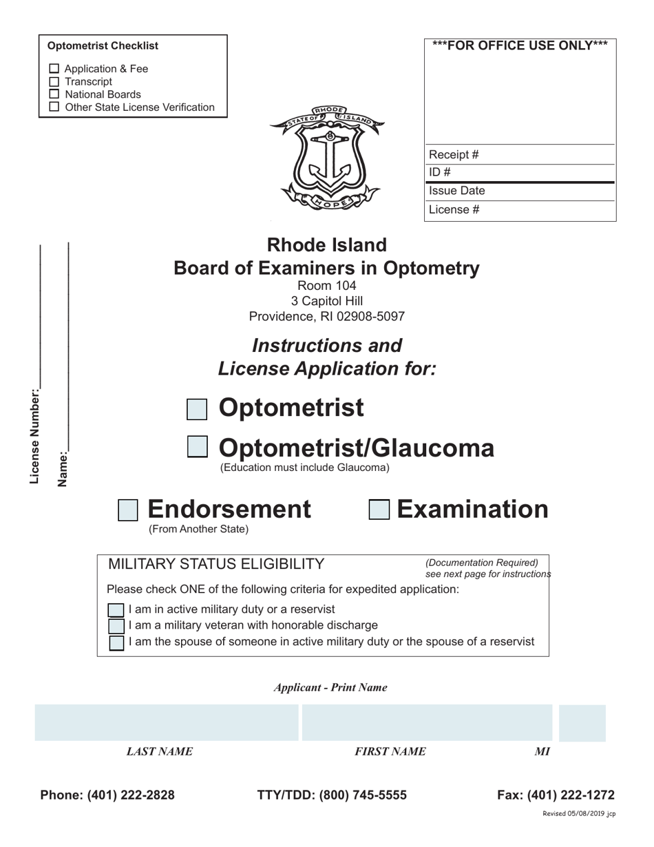 Rhode Island License Application for Optometrist/Optometrist/Glaucoma ...