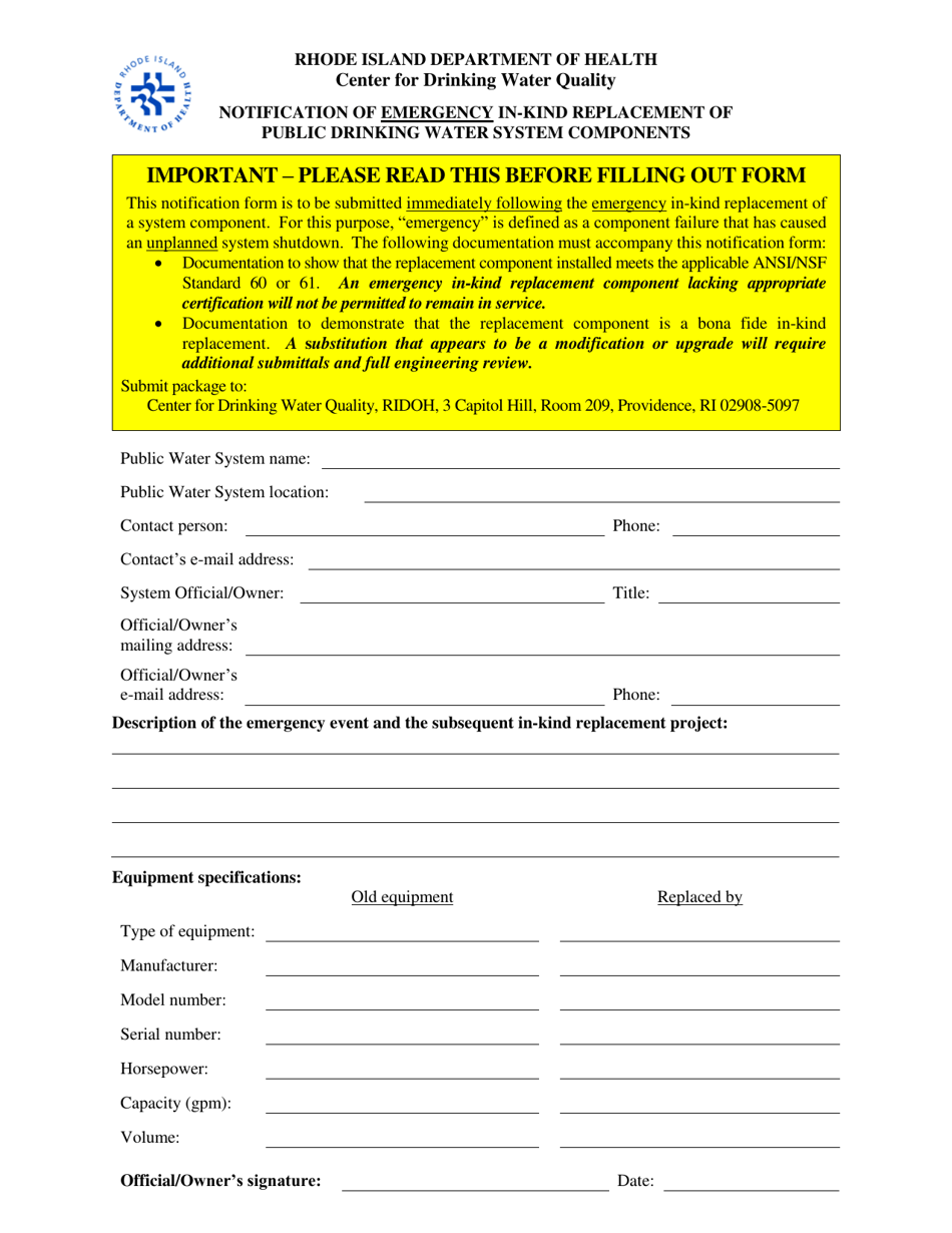 Rhode Island Notification of Emergency in-Kind Replacement of Public ...