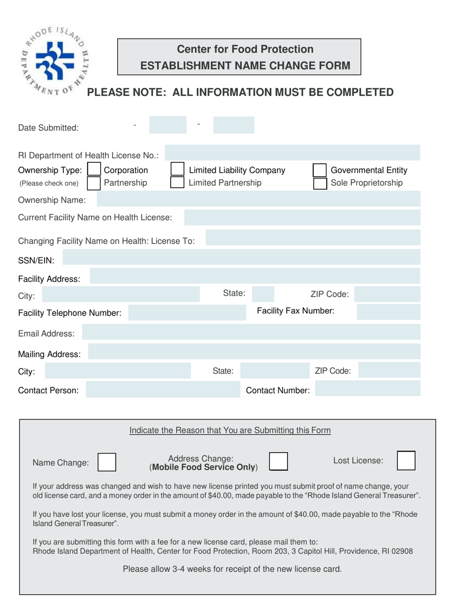 Rhode Island Food Establishment Name Change Form - Fill Out, Sign ...