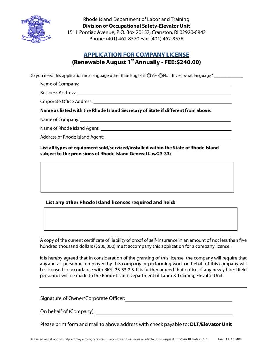 Rhode Island Application for Company License - Elevator - Fill Out ...
