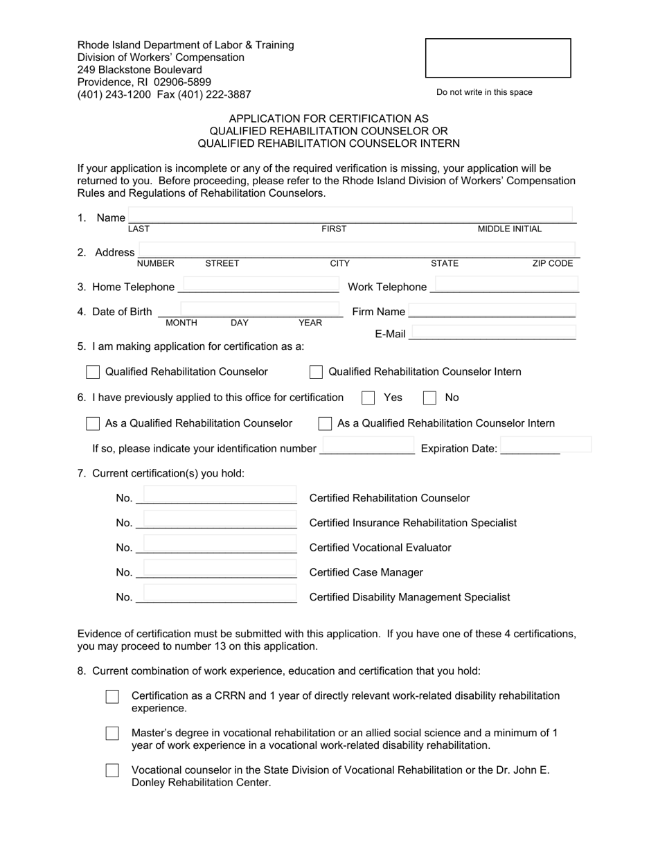 Rhode Island Application for Certification as Qualified Rehabilitation Counselor or Qualified ...