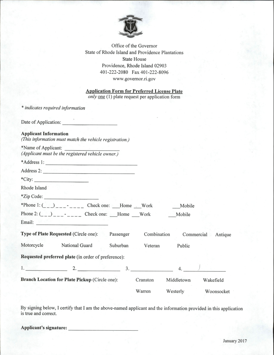 Rhode Island Application Form for Preferred License Plate - Fill Out ...