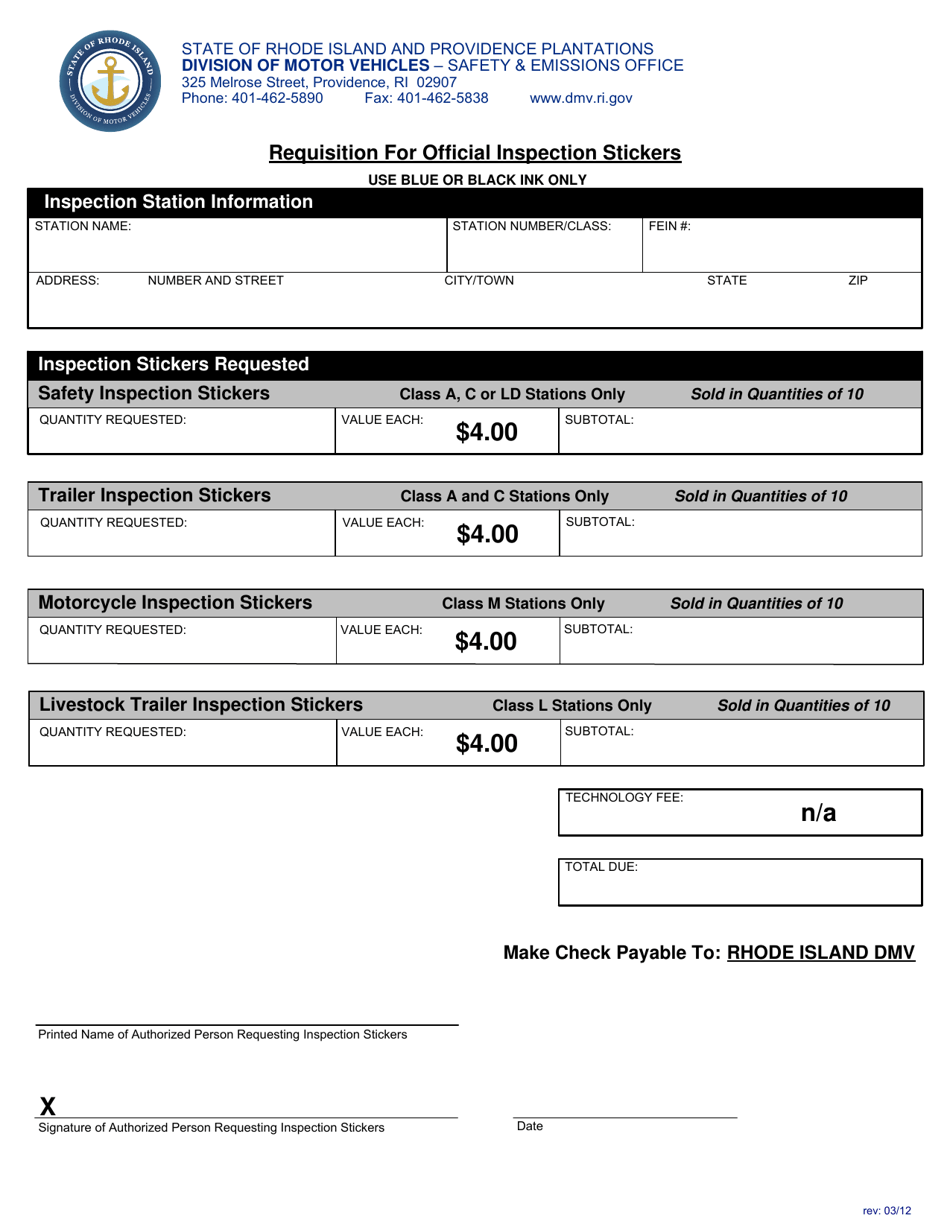 Rhode Island Requisition for Official Inspection Stickers - Fill Out ...