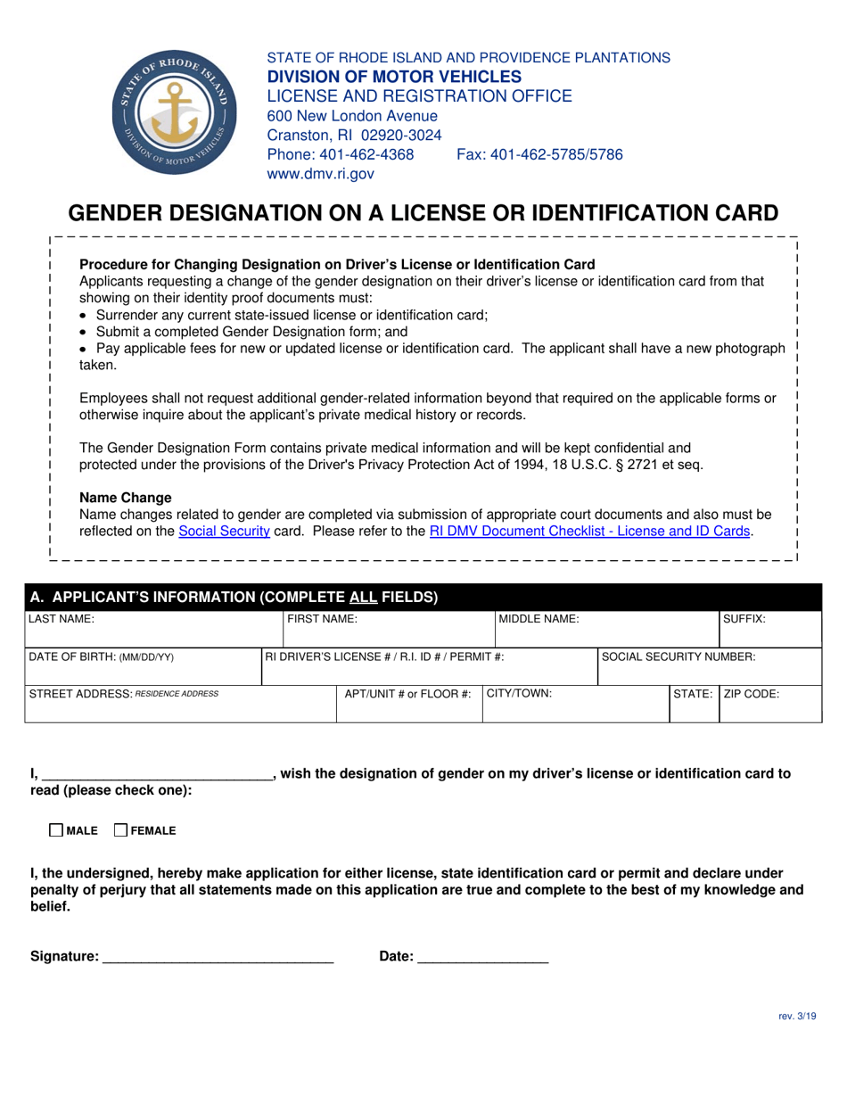 Rhode Island Gender Designation On A License Or Identification Card