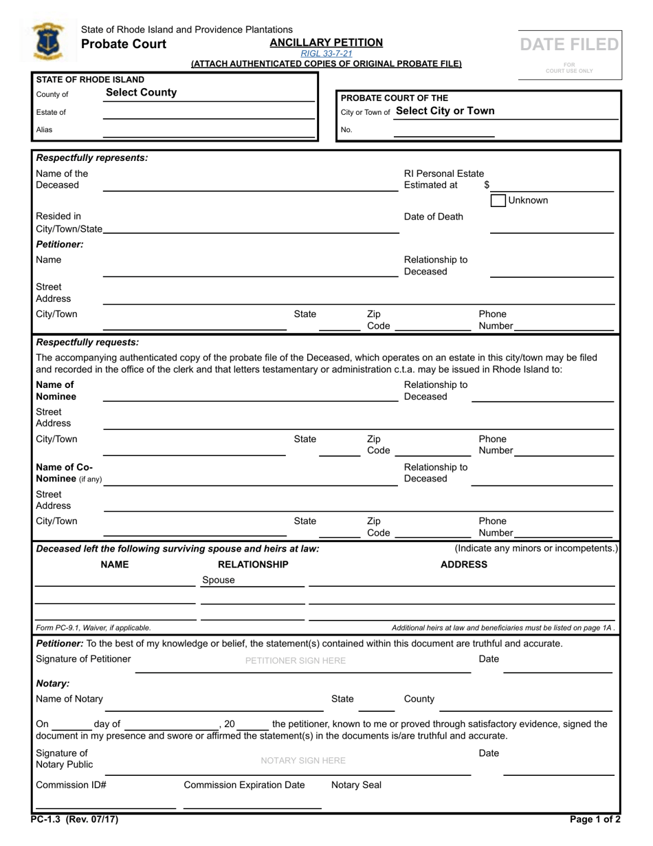 Form PC-1.3 - Fill Out, Sign Online and Download Fillable PDF, Rhode ...