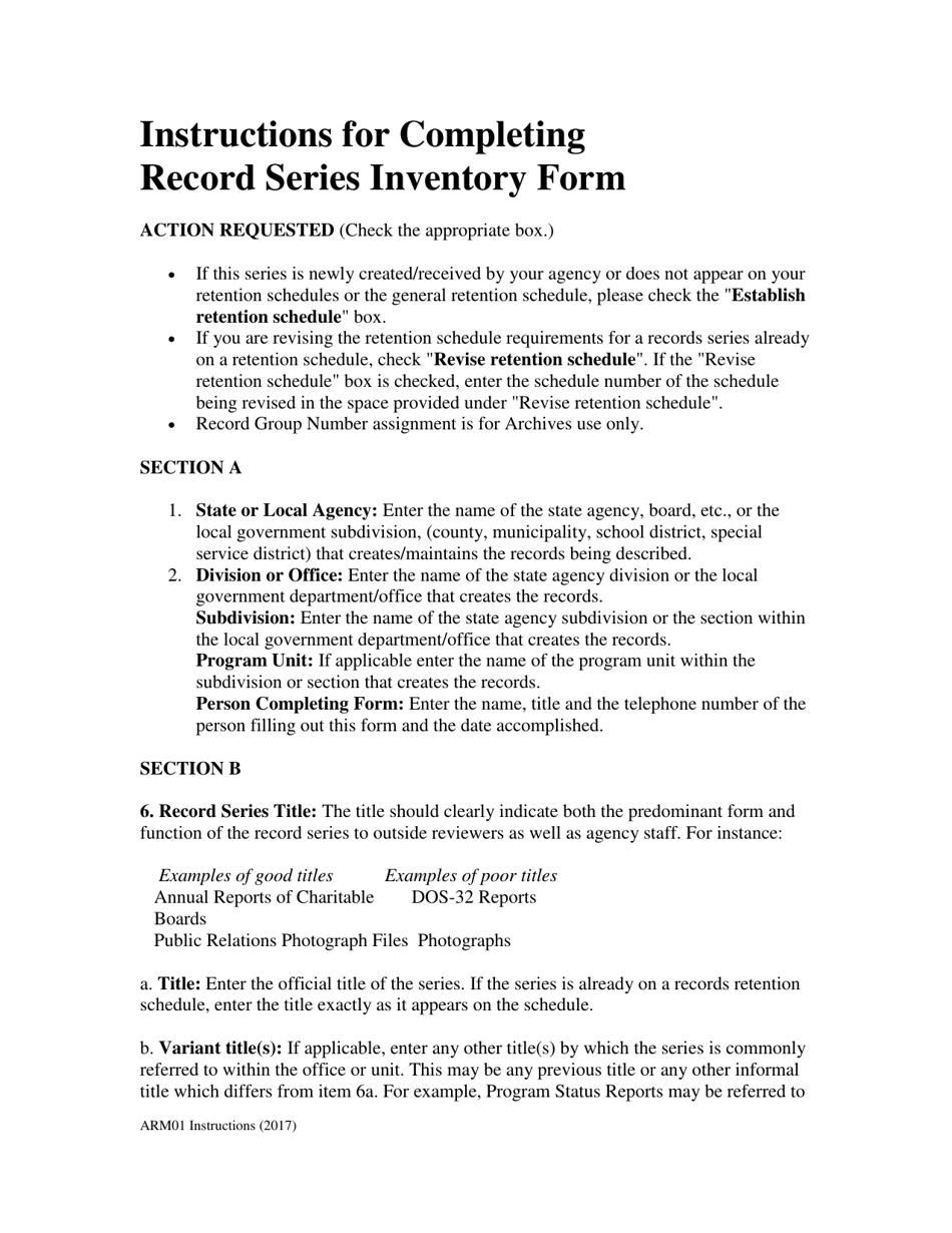 Download Instructions for Form ARM-01 Record Series Inventory Form PDF ...