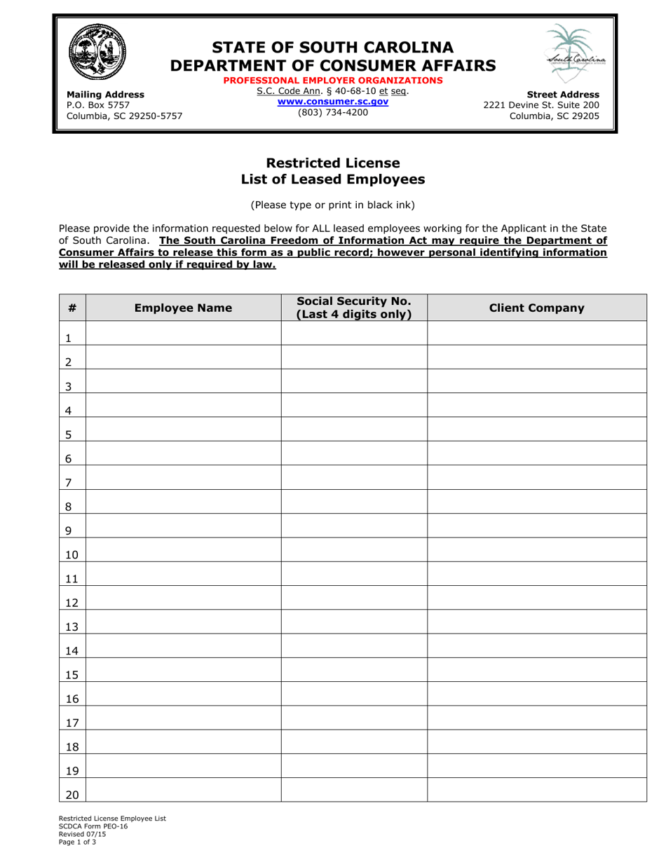 SCDCA Form PEO-16 - Fill Out, Sign Online and Download Fillable PDF ...