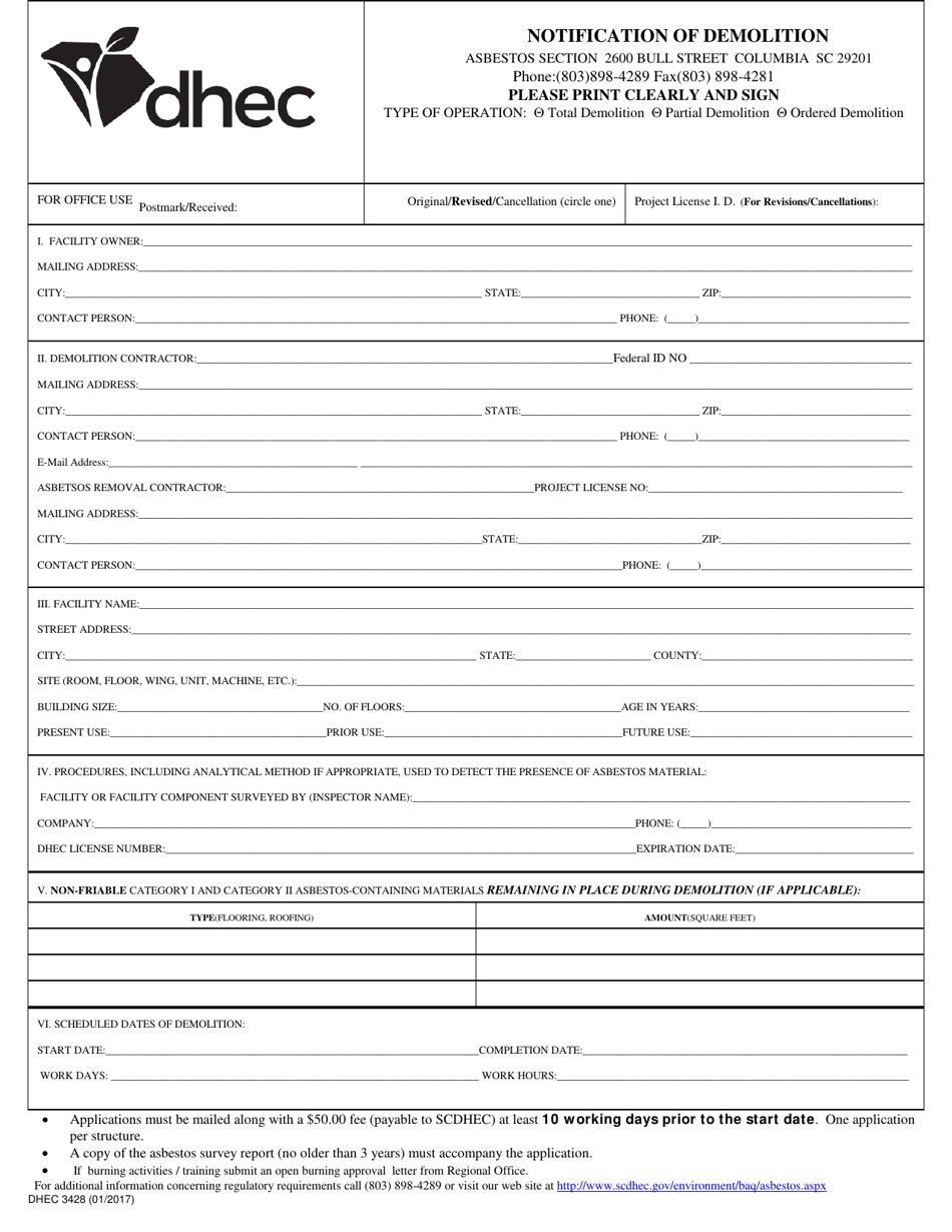 DHEC Form 3428 - Fill Out, Sign Online and Download Fillable PDF, South ...