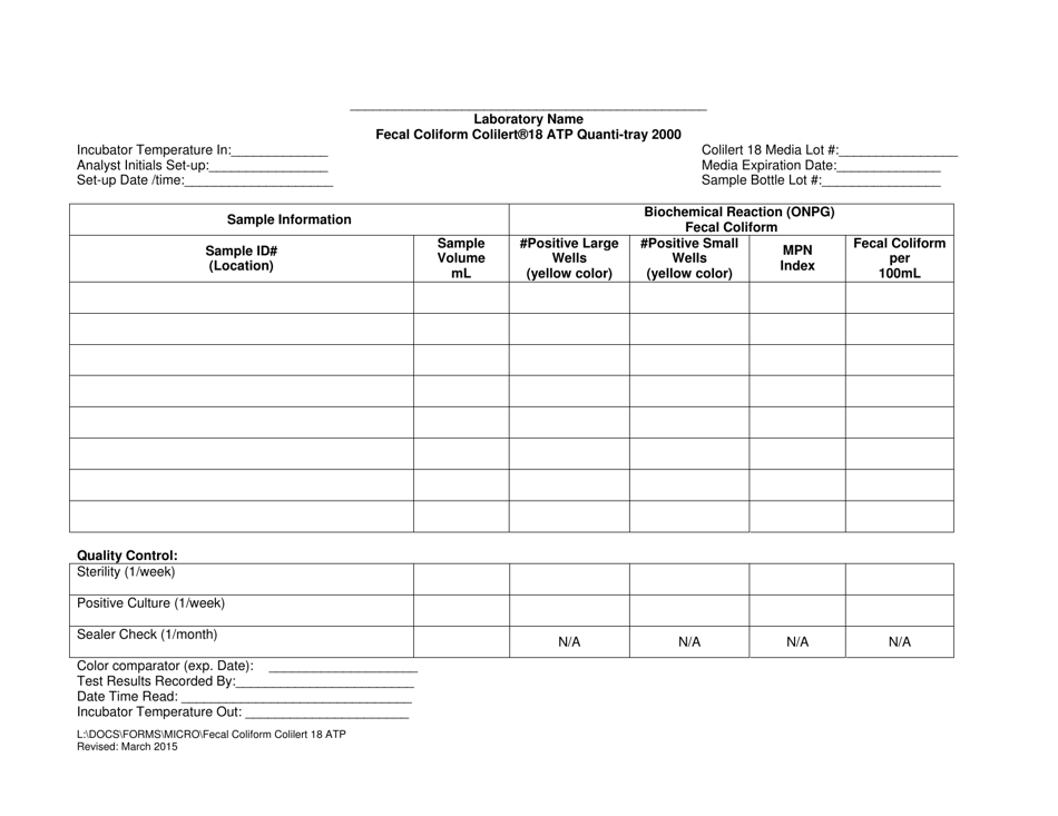 South Carolina Fecal Coliform Colilert 18 ATP Quanti-Tray 2000 - Fill ...