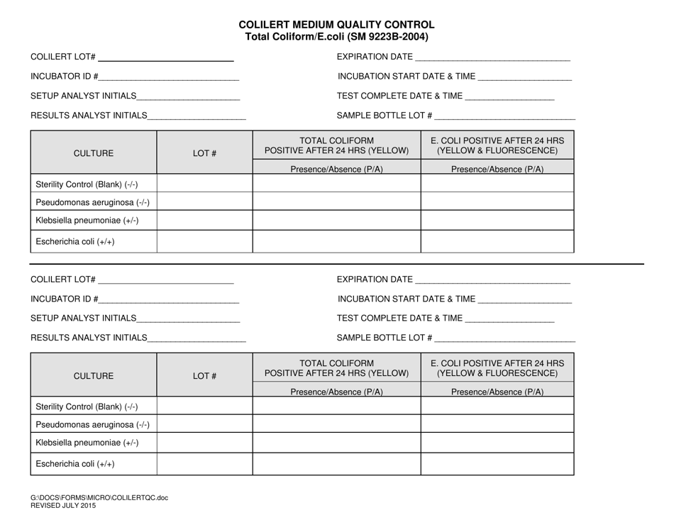 South Carolina Colilert Medium Quality Control - Total Coliform/E.coli ...